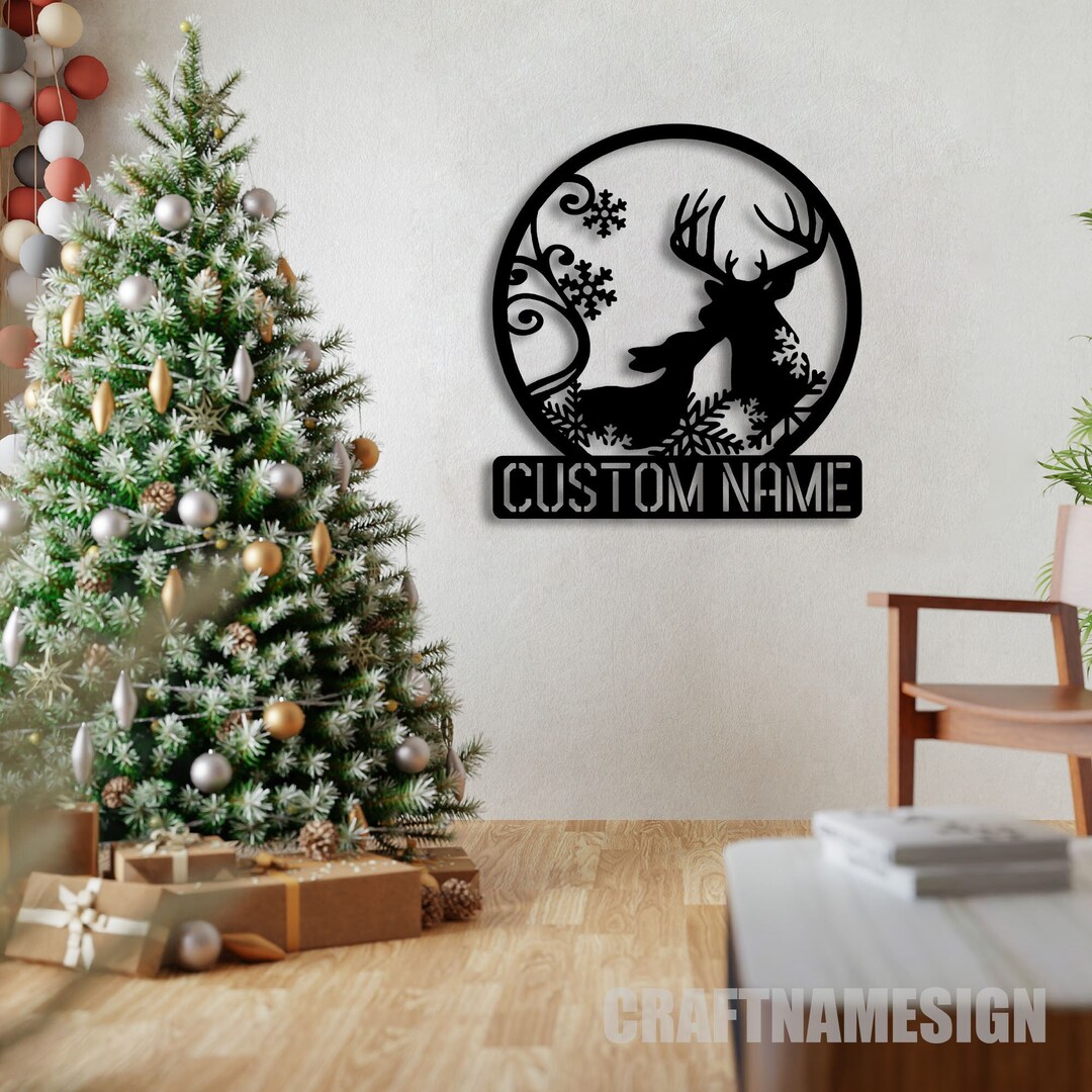 Custom Christmas Deer Metal Wall Art Led Light, Christmas Metal Sign ...
