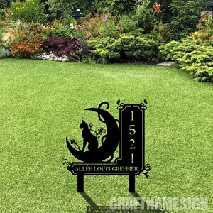 Custom Moon Cat Metal Address Sign With Stakes, Home Address Sign ...