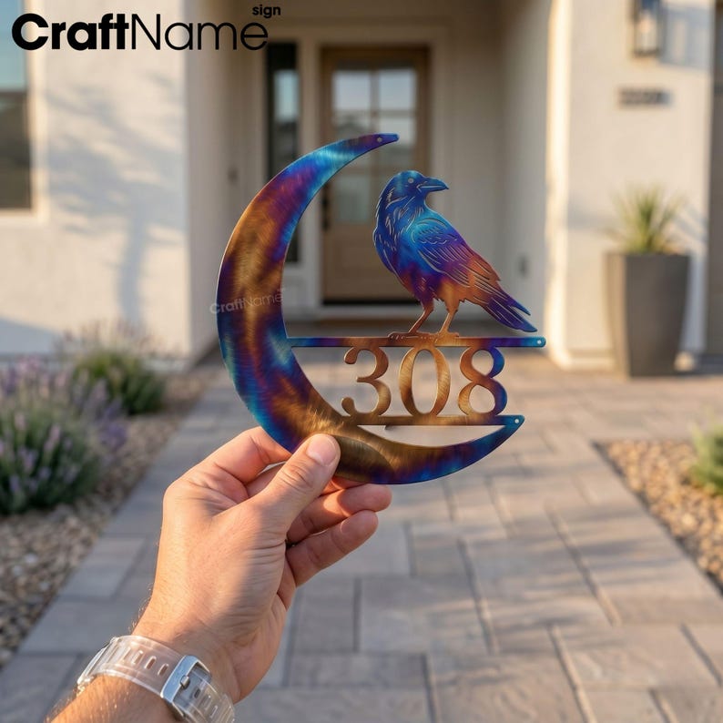 Raven Silhouette Metal House Numbers Sign, Bird Gothic Steel Address ...