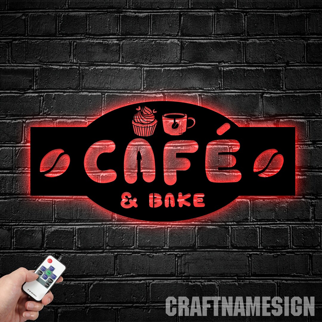 Personalized Cafe & Bake Metal Wall Art LED Light - Custom Bakery Name ...
