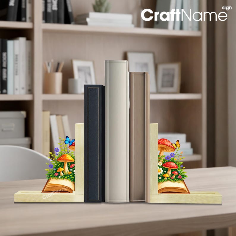 Mushroom Garden Metal Bookend With Wooden Base, Book Stopper for ...