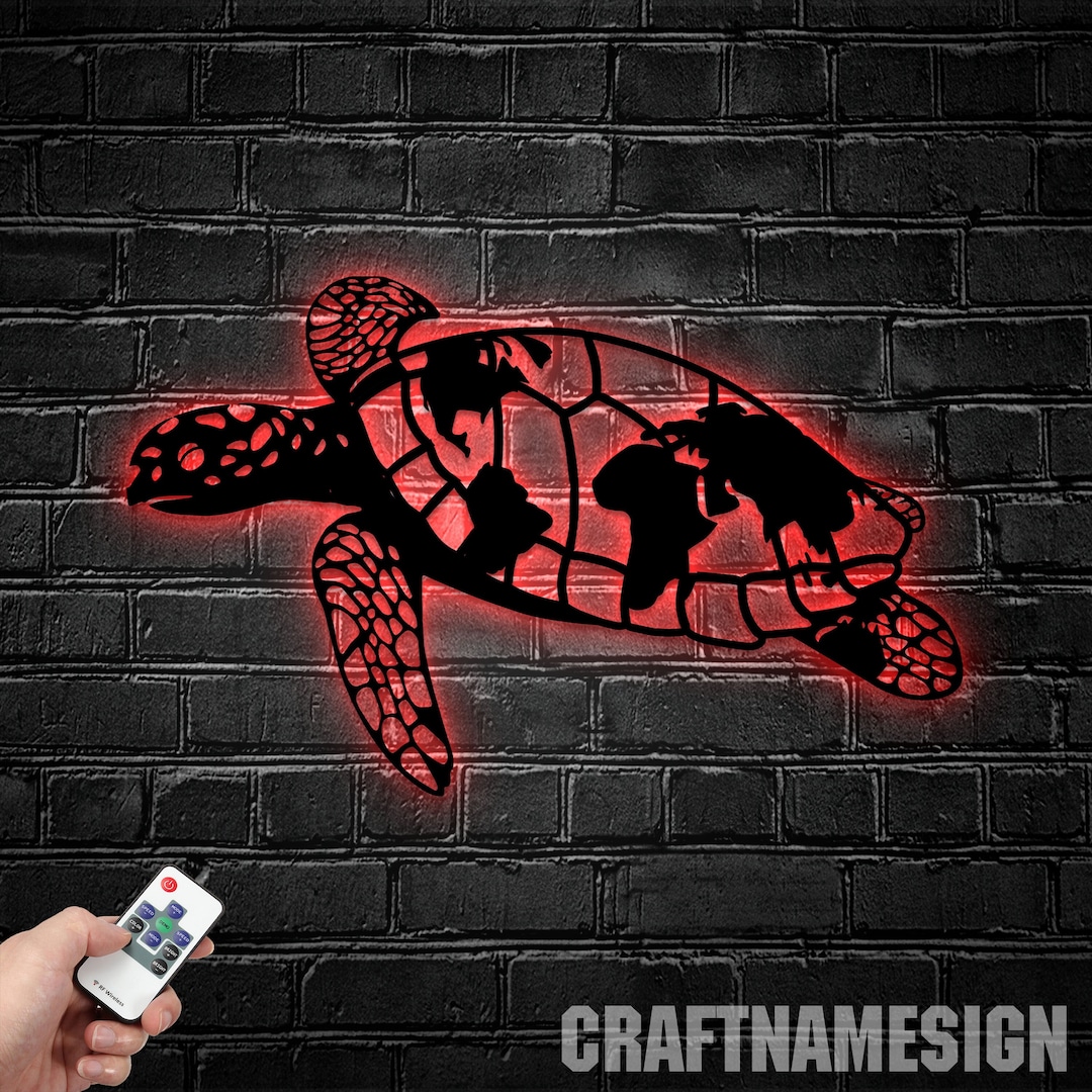 Sea Turtle Monograms Metal Wall Art Led Light, Personalized Turtle Name ...