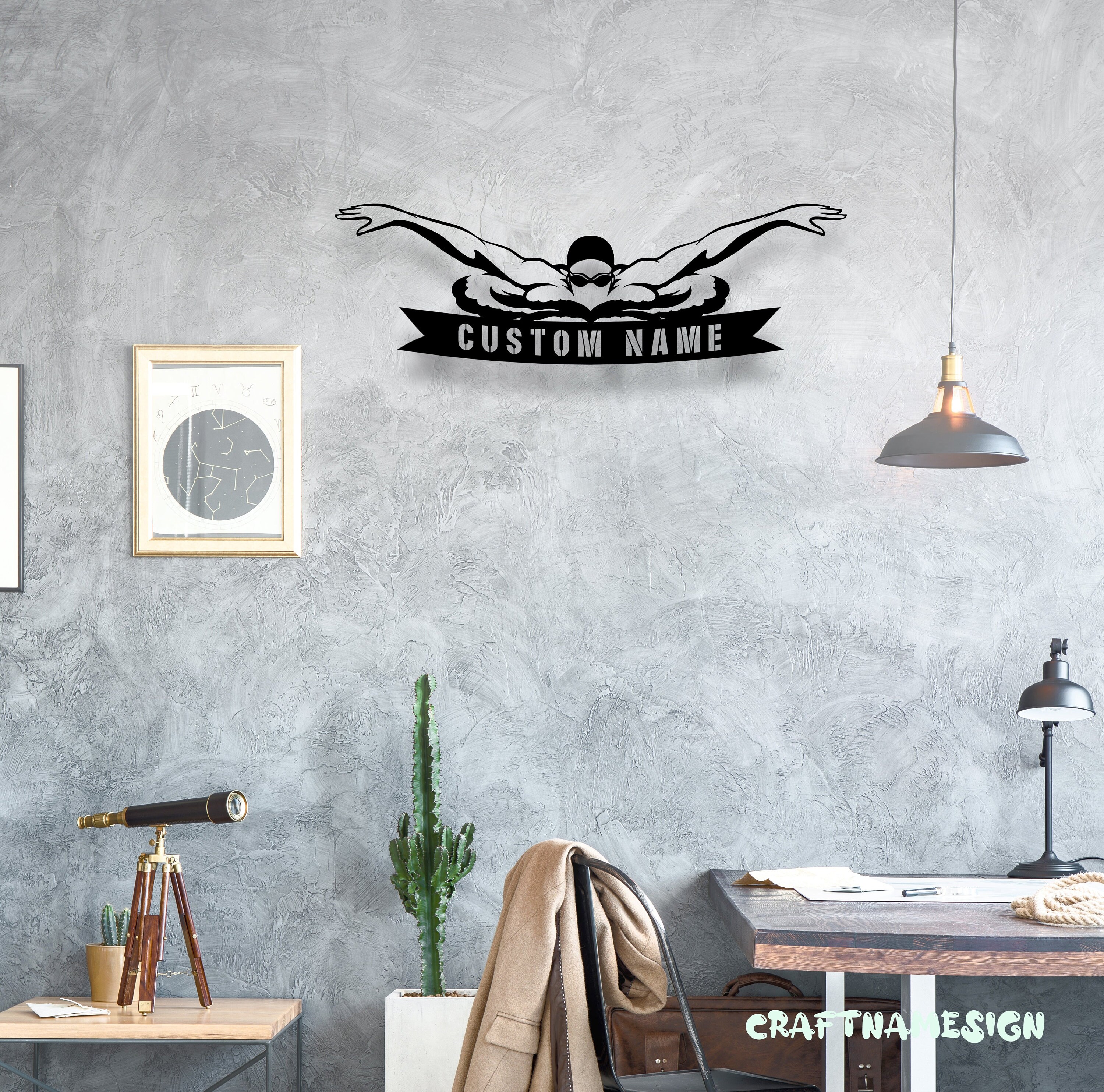 Custom Man Swimmer Metal Wall Art LED Light - Personalized Swimming ...
