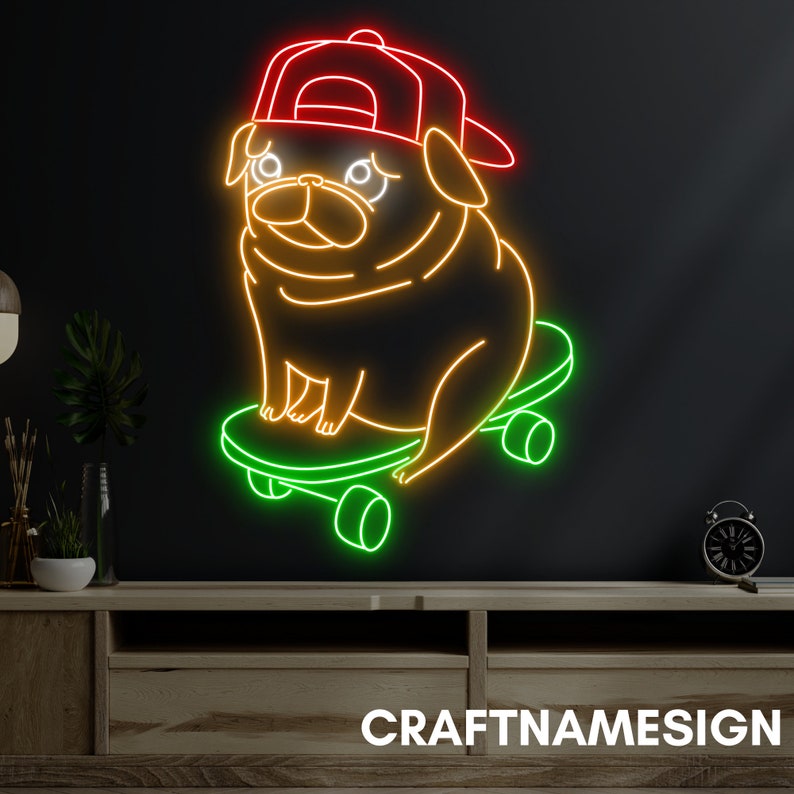 Pug Dog Skateboarding Led Sign, Pug Dog Skateboarding Neon Sign, Custom ...