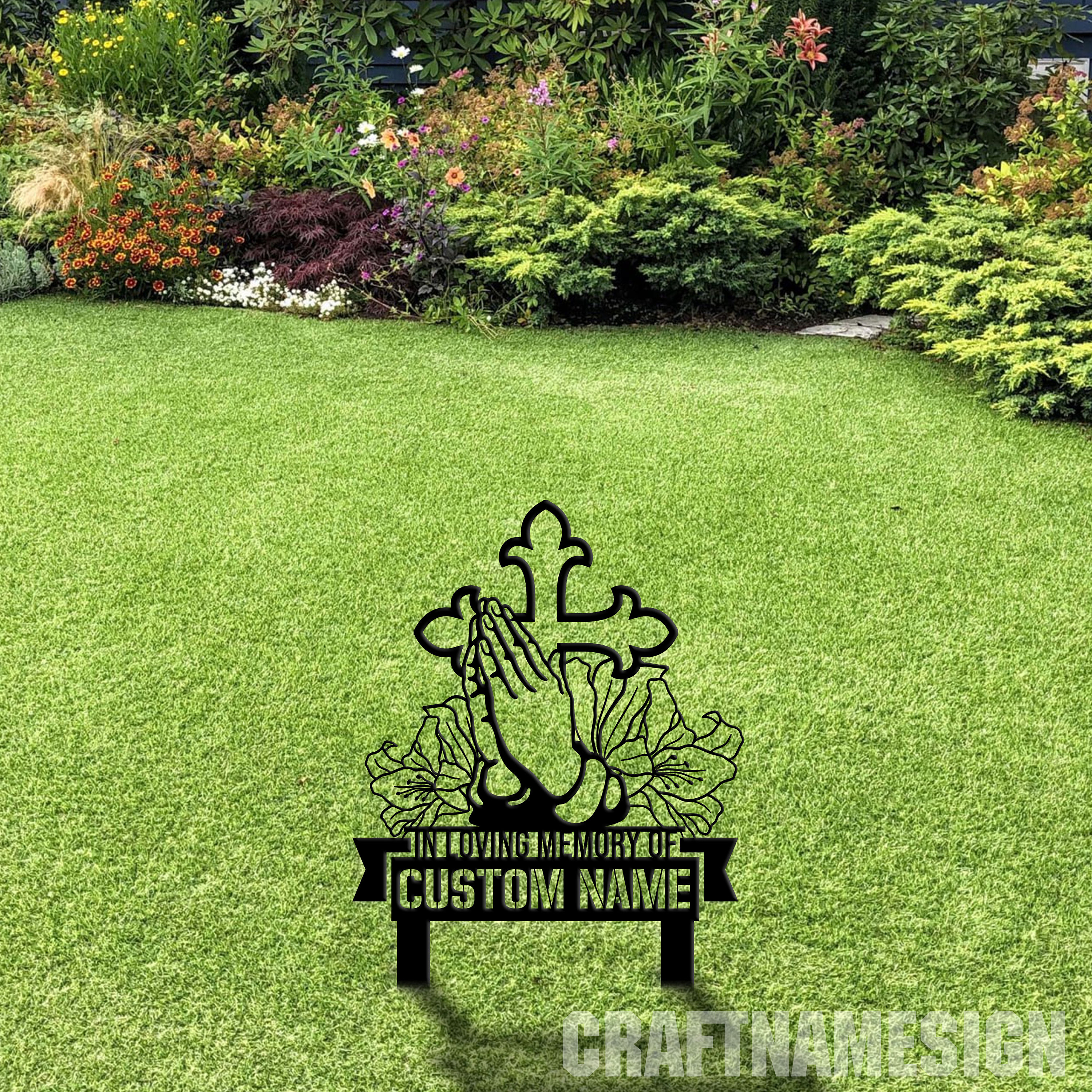 Custom Cross With Praying Hand Memorial Metal Stake, Floral Cross ...