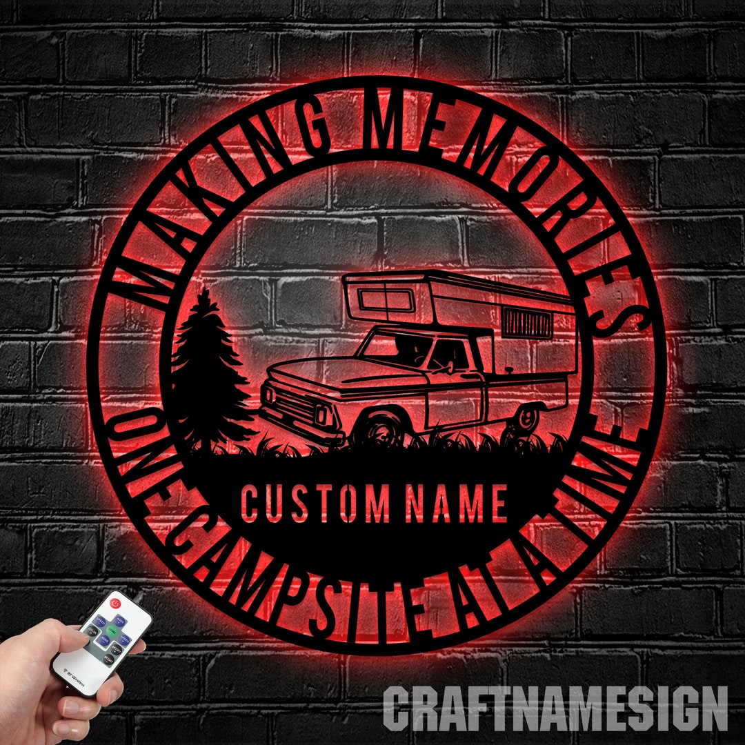 Personalized Camping Name Sign Decor, Custom Camping Metal Wall Art LED ...