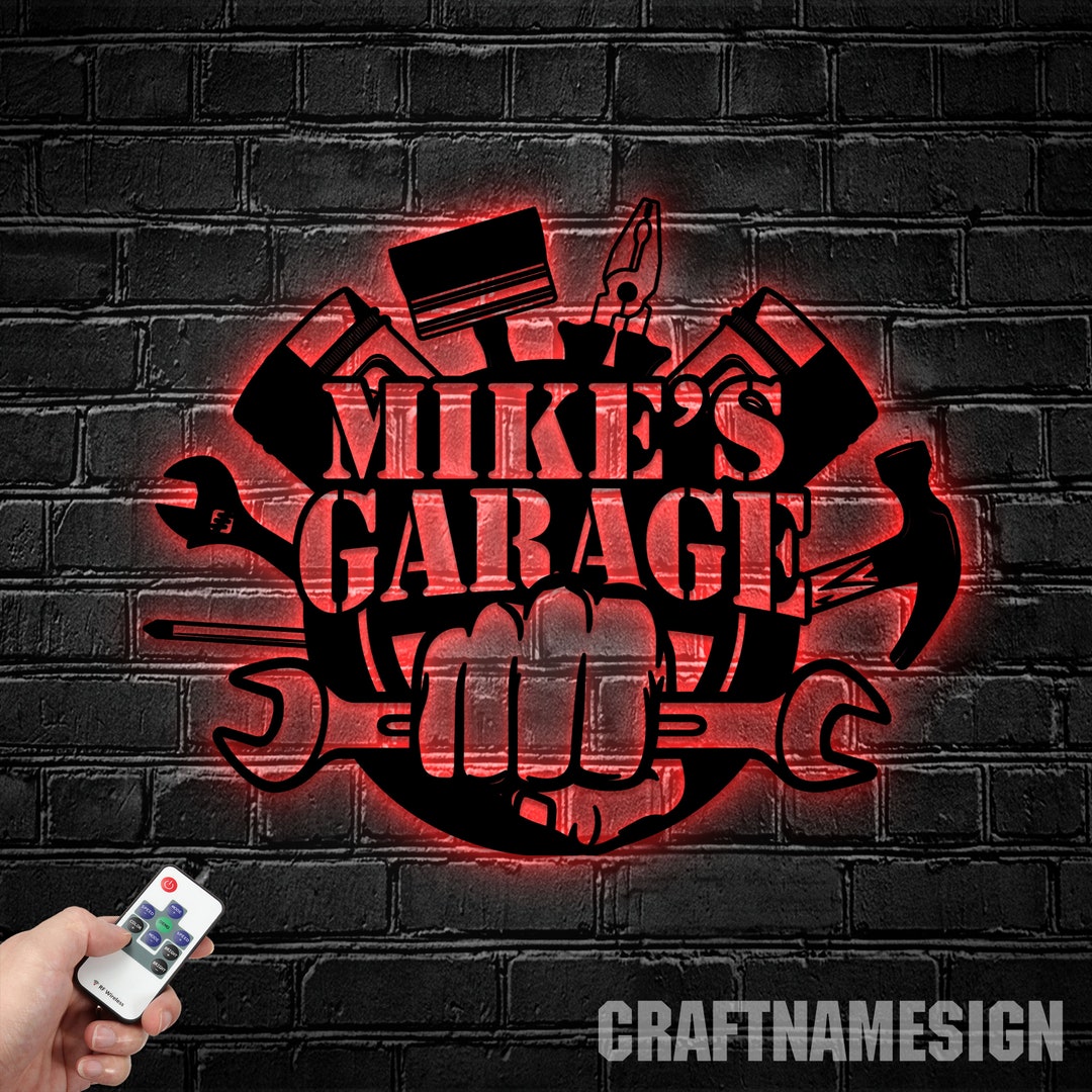 Custom Garage Metal Wall Art LED Light Personalized Workshop Name Sign ...