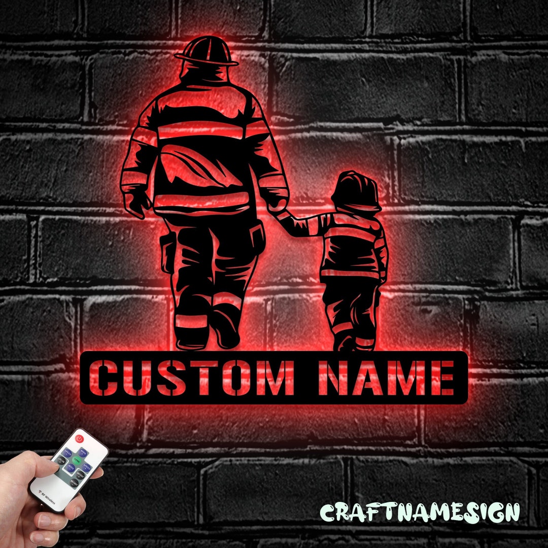Custom Firefighter Father & Son Metal LED Sign – Personalized Home ...