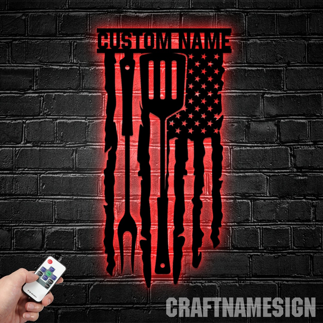 Custom BBQ US Flag Metal Sign, BBQ Grilling Restaurant Led Sign ...