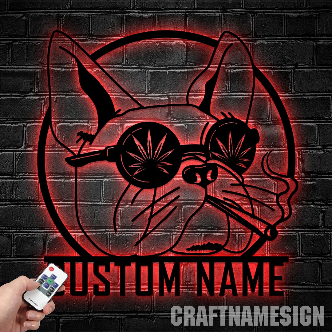 Personalized Cat Smoking Weed Metal Wall Art LED Light, Custom Cat ...