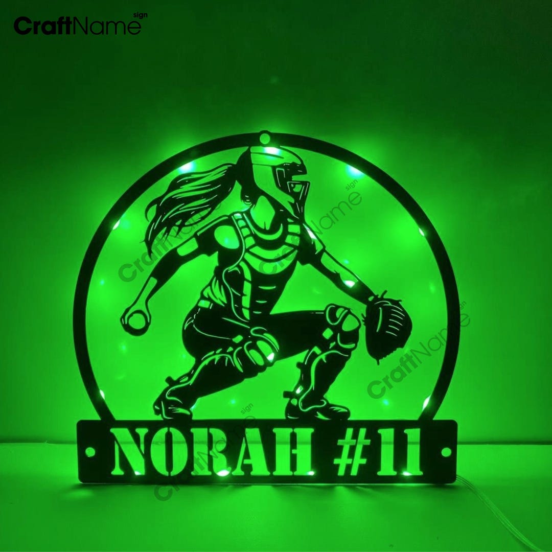 Custom Female Softball Catcher Metal Wall Art LED Light, Personalized ...