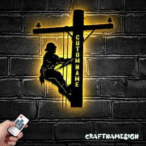Personalized US Lineman Metal Wall Art With LED Light, Custom Lineman Name Sign Decoration for ...
