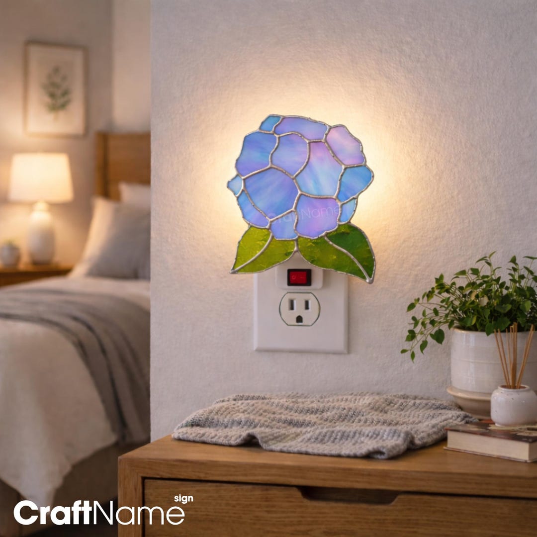 Hydrangea Stained Glass Night Light, Floral Plug in Wall Light for ...
