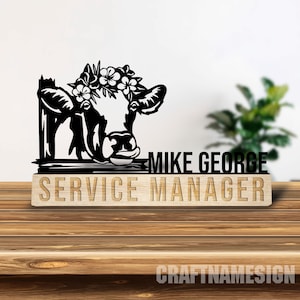 Custom Wooden Floral Cow Desk Name Plate, Farmhouse Metal Nameplate for ...
