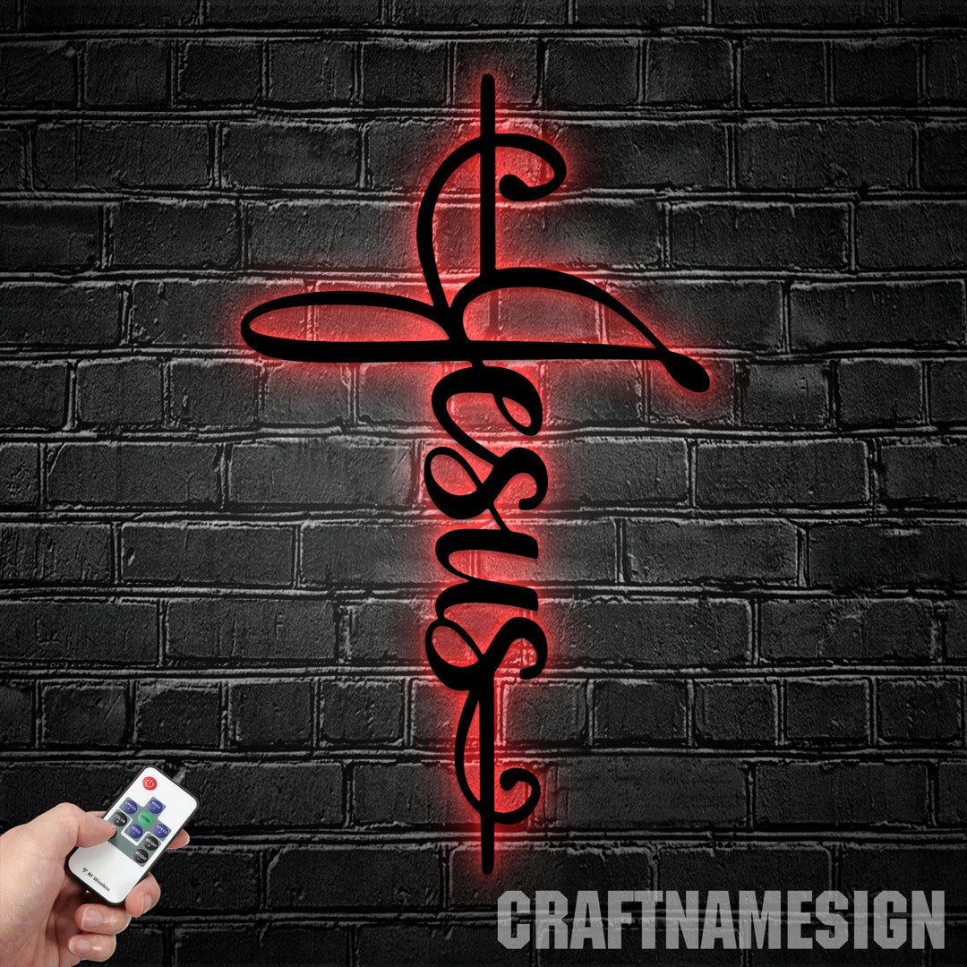 Custom Jesus Cross Metal Wall Art LED Light, Personalized Church Name ...