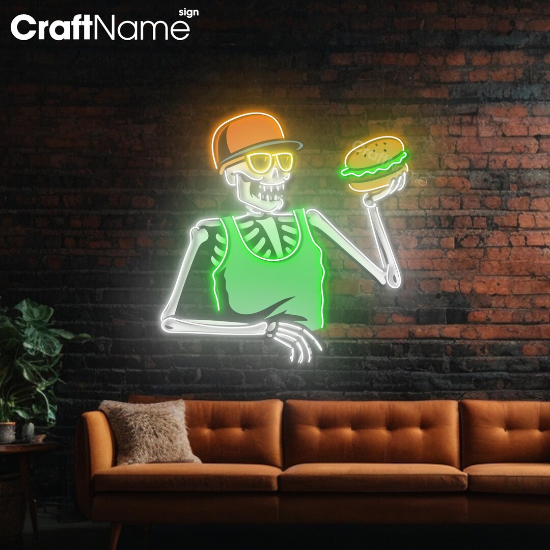 Burger Neon Sign, Skeleton Acrylic LED Wall Art for Fast Food ...