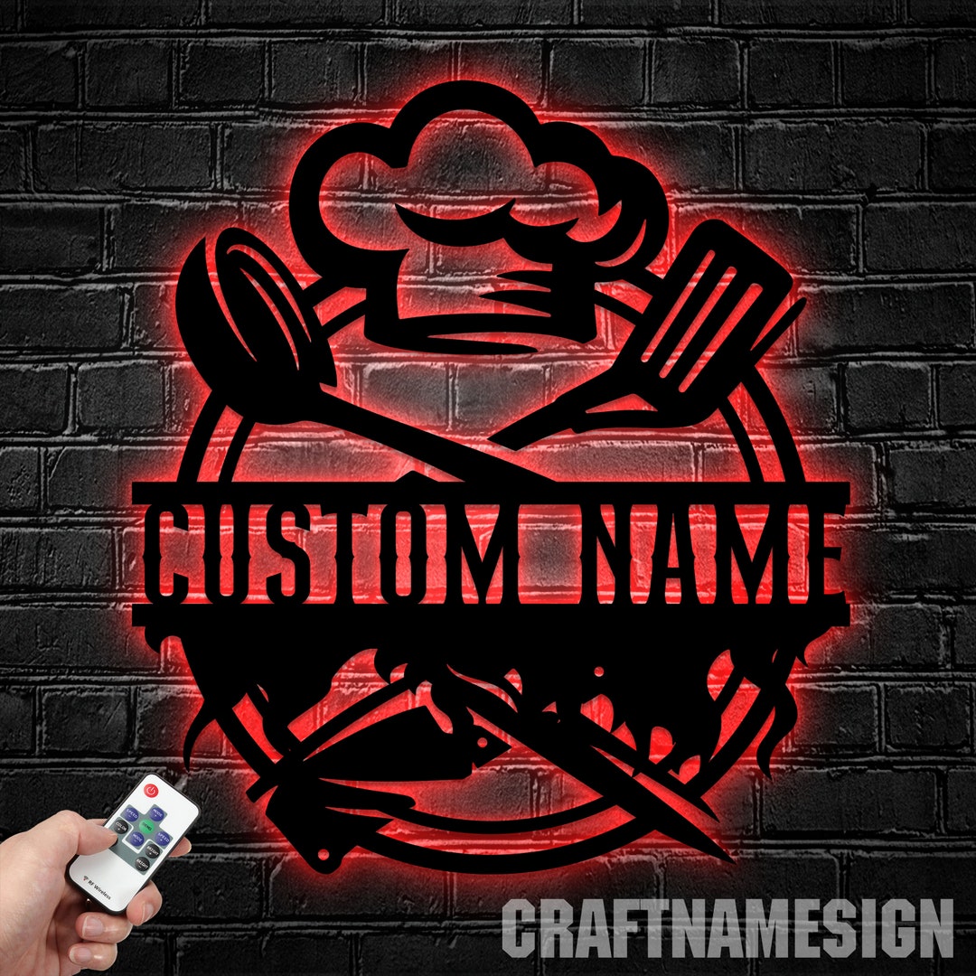 Personalized Chef Kitchen Metal Wall Art LED Light - Custom Restaurant ...
