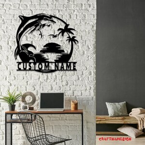 Personalized Dolphin Palm Tree Beach House Sunset Metal Sign With LED ...