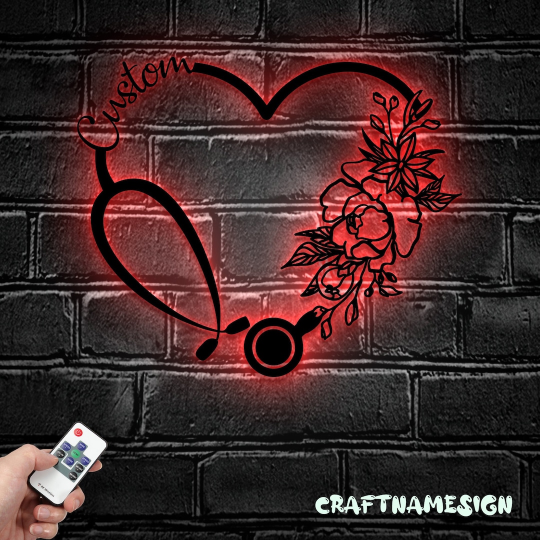 Custom Floral Heart Stethoscope Nursing Metal Wall Art LED Light ...
