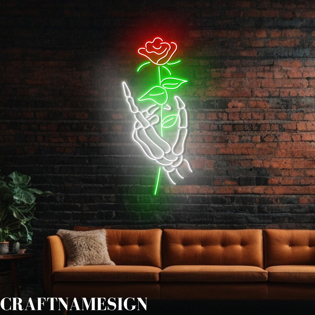 Skeleton Hand With Rose Neon Led Sign, Skull Flower Gothic Proposal ...