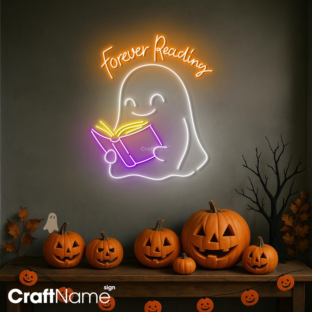 Ghost Read Book Neon Sign, Cute Ghost Led Wall Light Art for Halloween ...