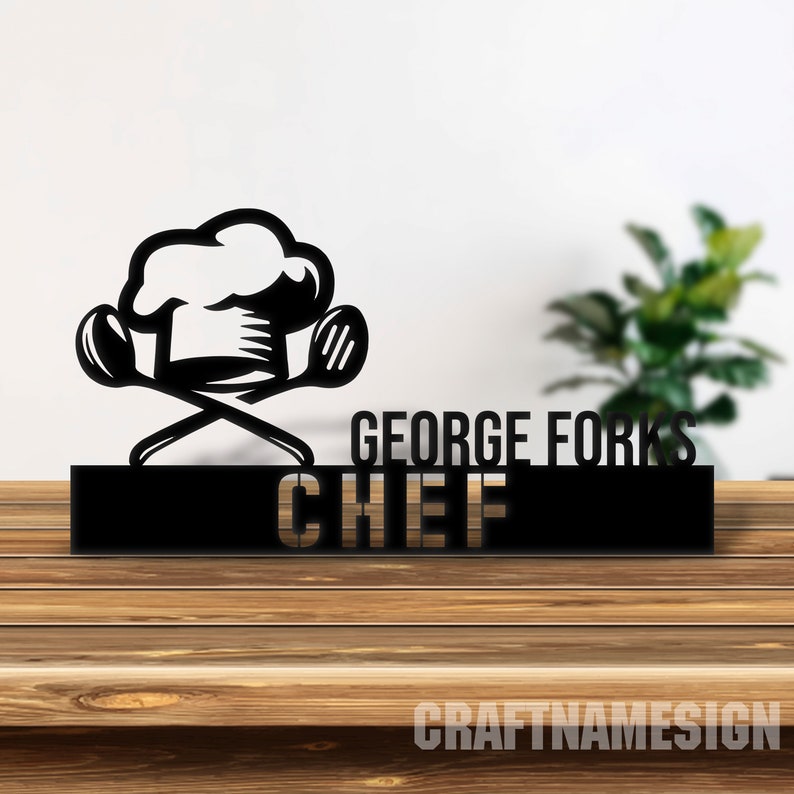 Custom Wooden Chef Desk Name Plate, Chef Silhouette Metal Nameplate for ...