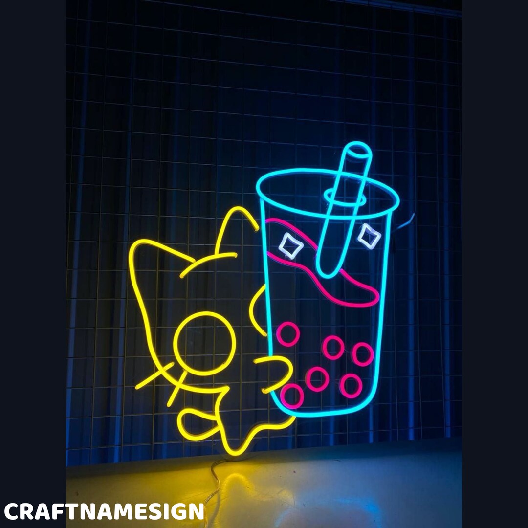 Cat With Milk Tea Neon Sign, Bubble Tea Led Sign, Custom Neon Sign ...