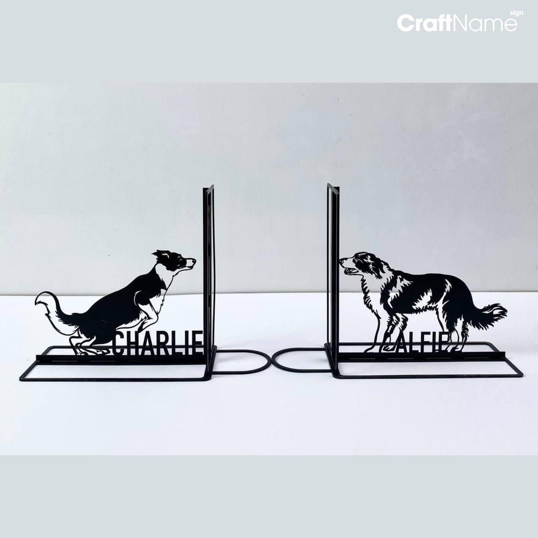 Personalized Border Collie Dog Metal Bookends, Custom Name Book Ends ...