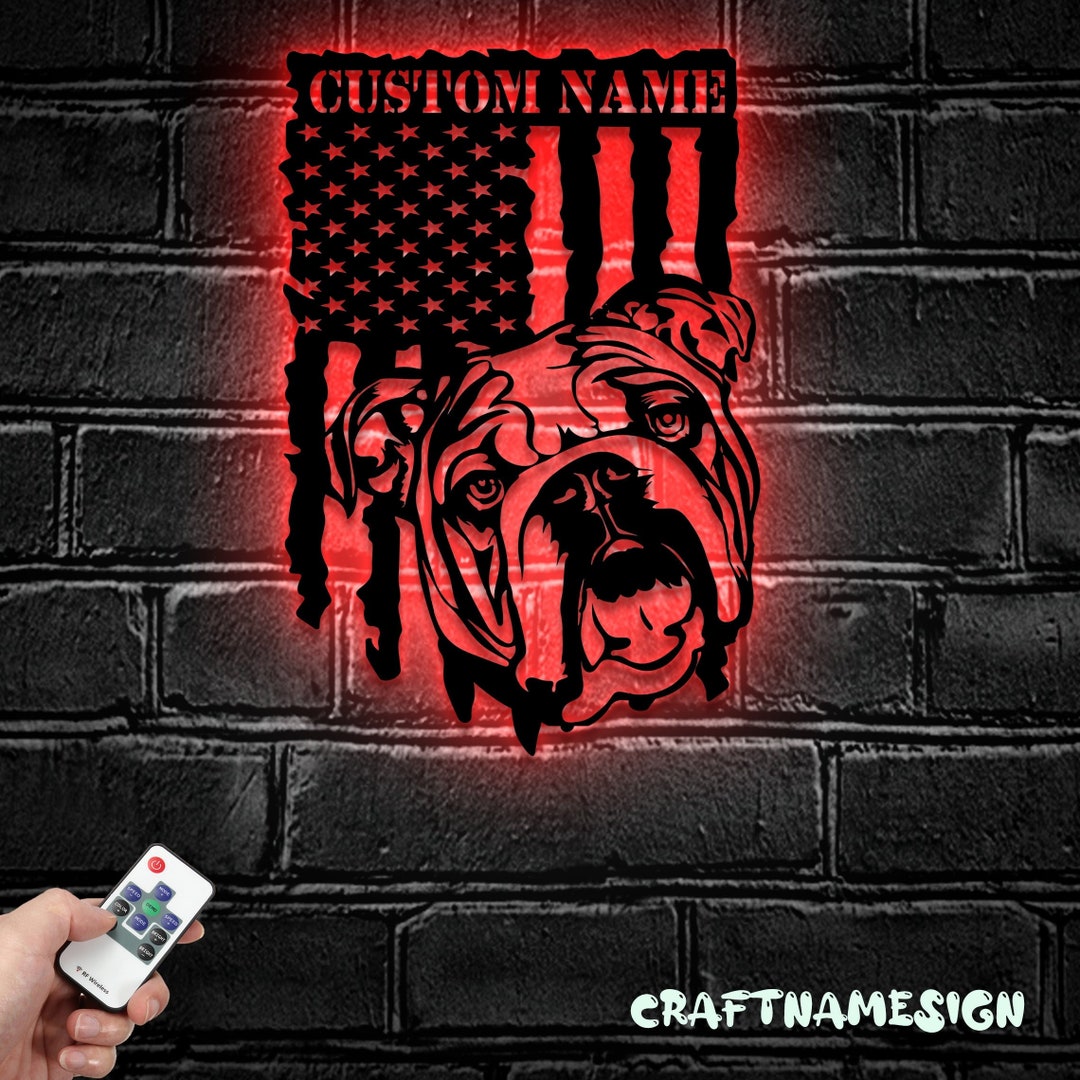Custom English Bulldog US Flag Metal Wall Art LED Light - Personalized ...