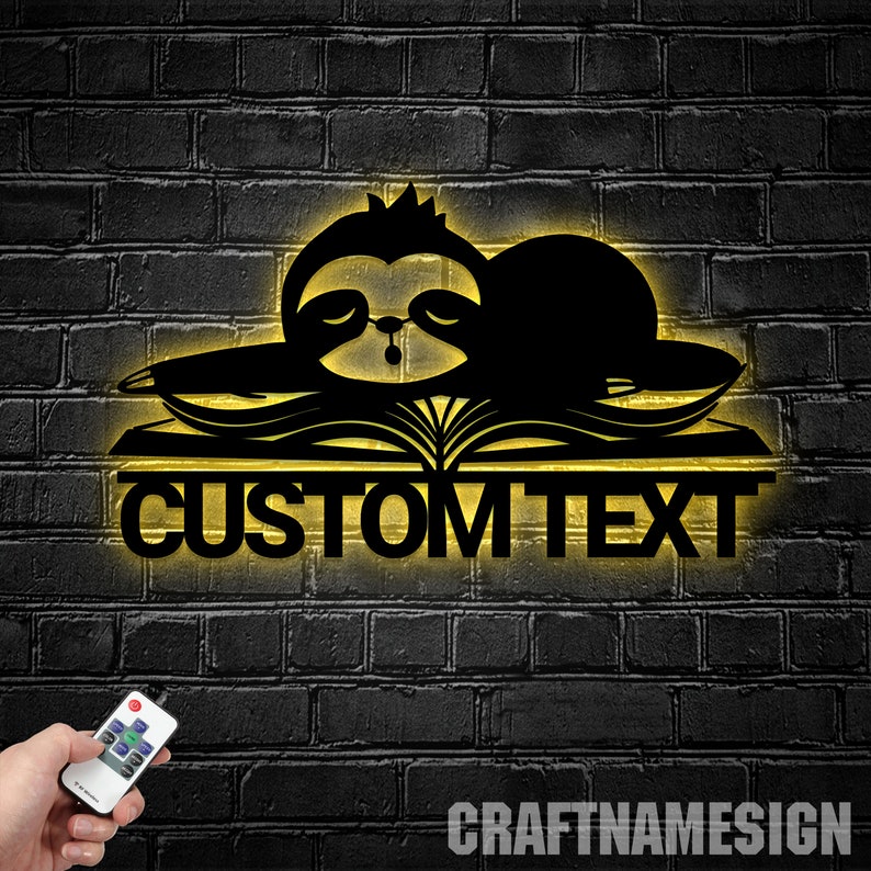 Custom Cute Sloth With Book Metal Wall Art LED Light, Personalized ...