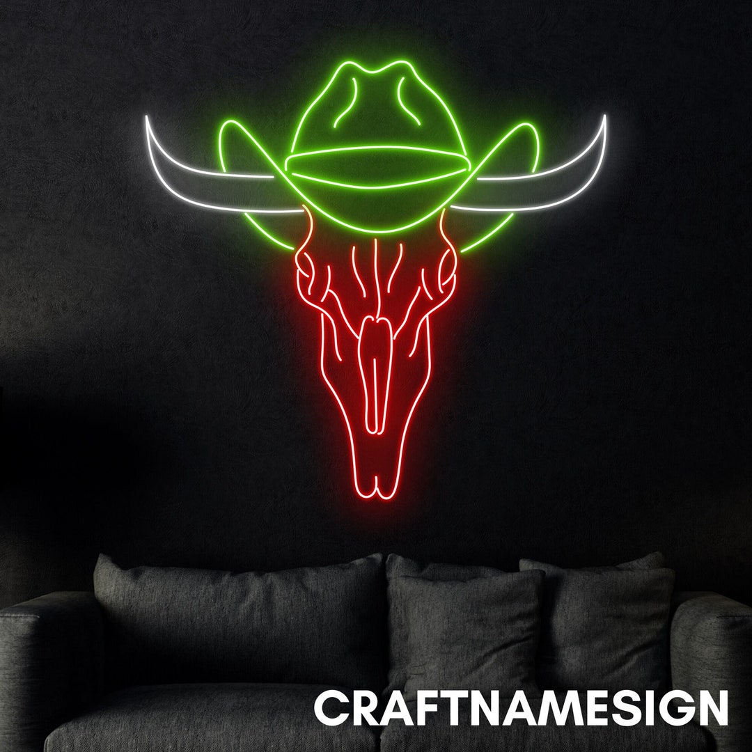 Bull Skull and Cowboy Hat Neon Sign, Cowboy Bull Skull Head Led Sign ...