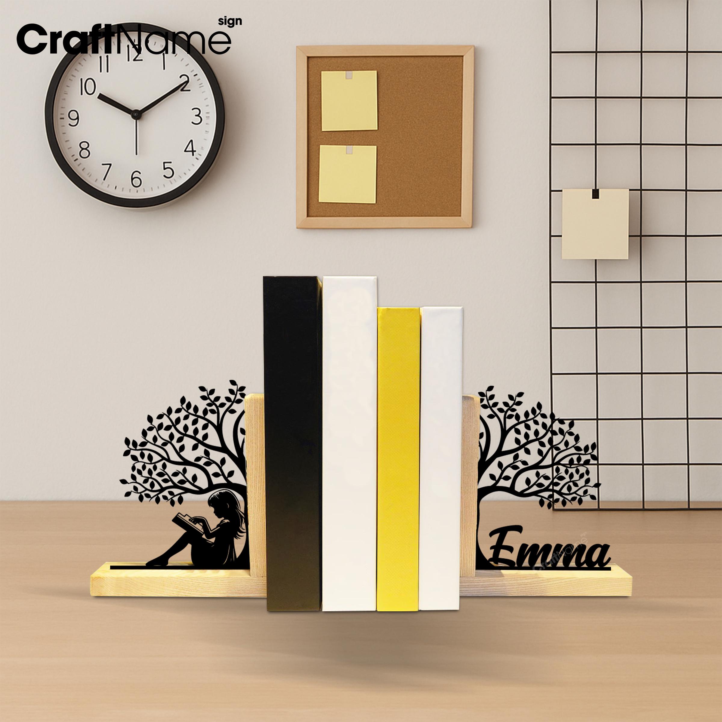 Reading Girl Metal Bookend, Personalized Wooden Book Holder Decor With ...