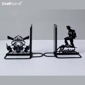 Custom Firefighter Bookend Metal Table Decor, Fireman Book Stand Black ...