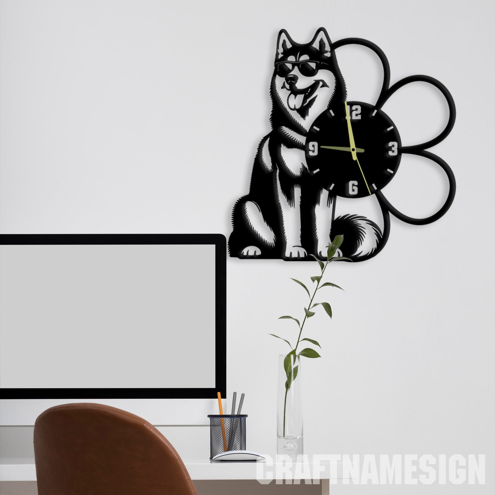 Decoration Metal Wall Clock Siberian Husky Dog, Wall Clock Unique for ...