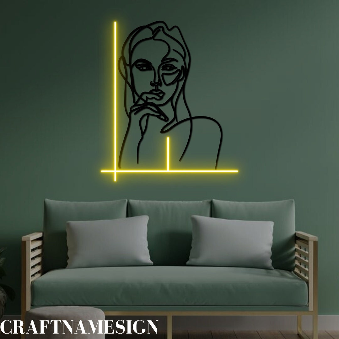 Simple Female Line Art Portrait Neon Acrylic Print Sign, Woman Line Art ...