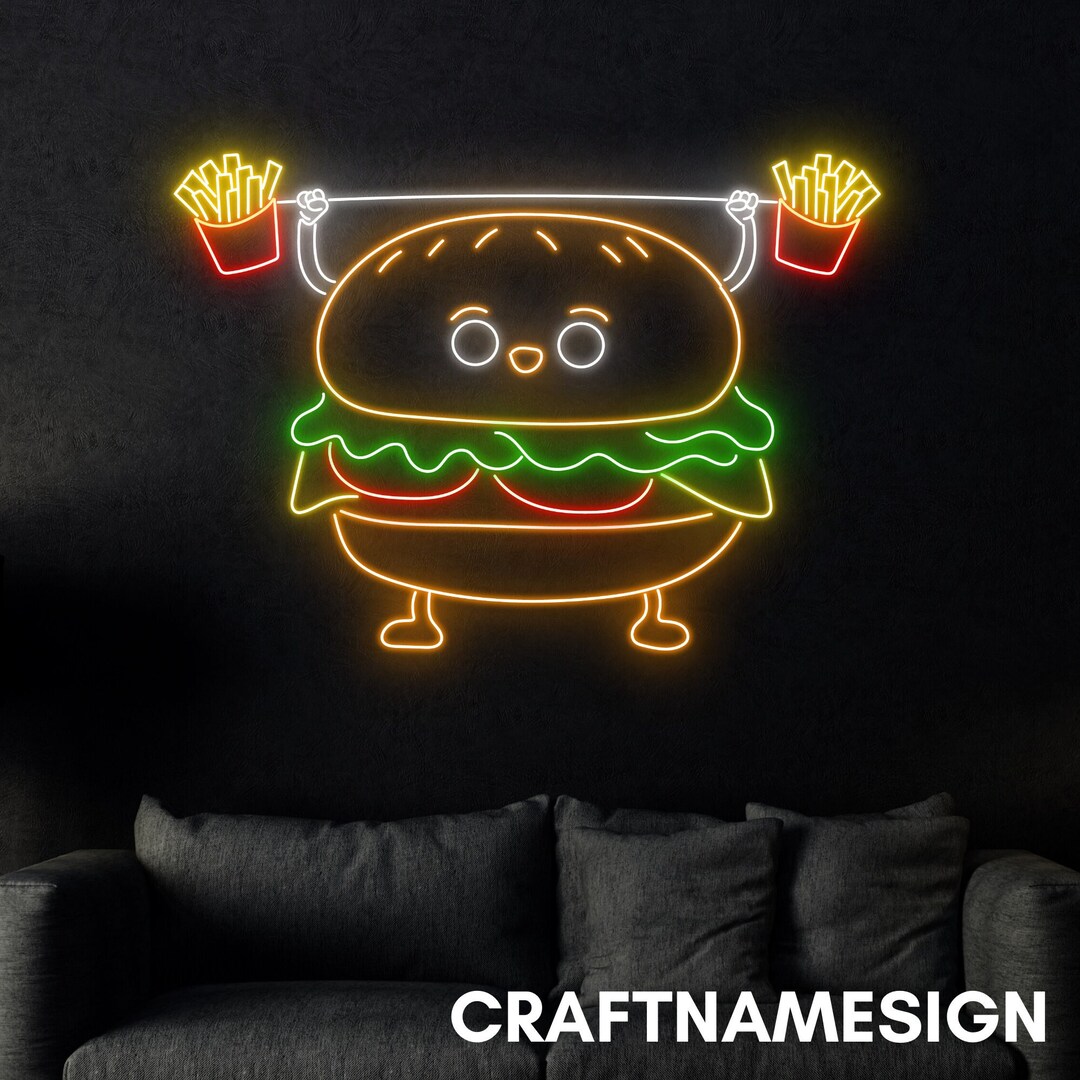 Burger Lifting Fries Neon Sign, French Fries Led Sign, Custom Neon Sign ...