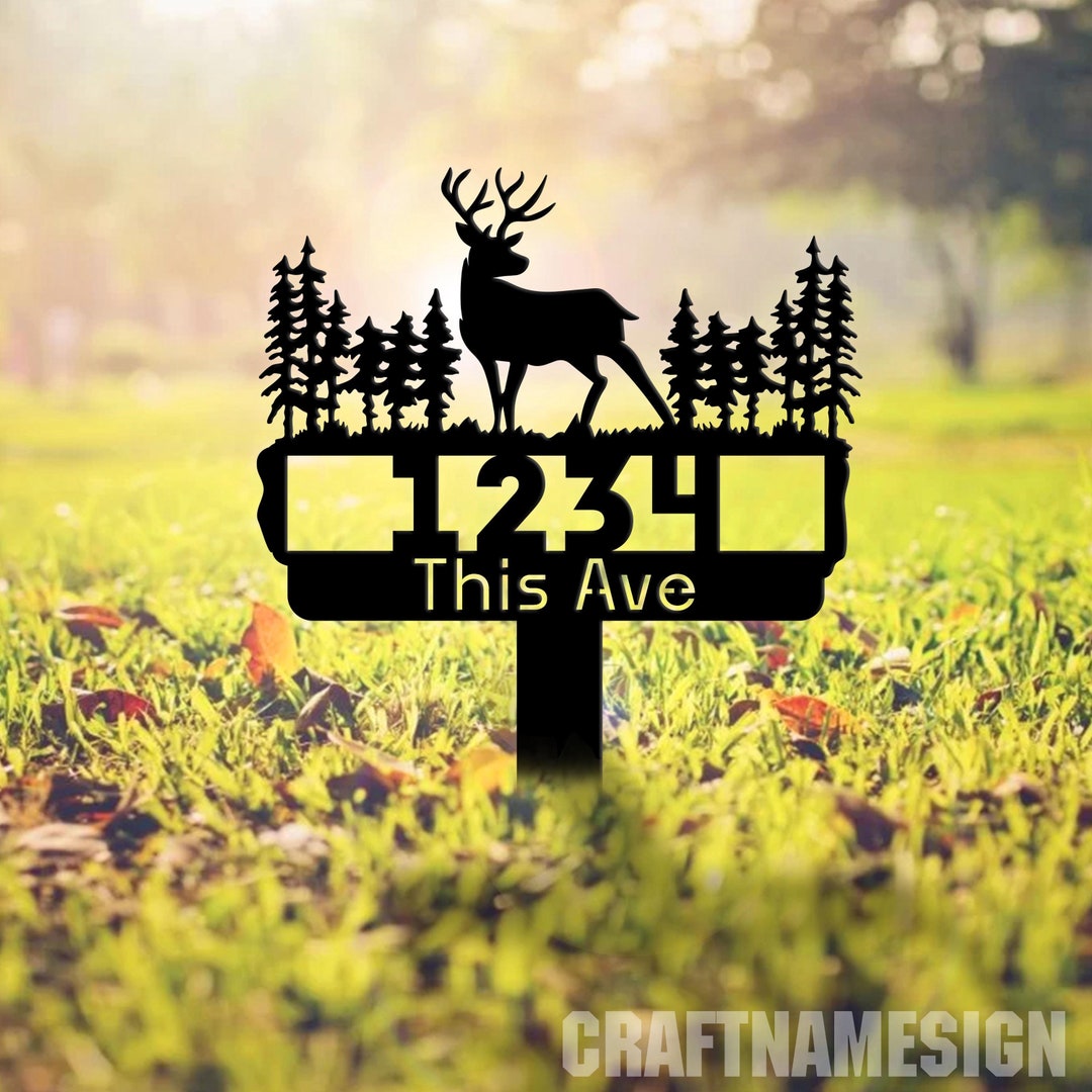 Custom Deer Pine Tree Address Metal Garden Stake, Deer Address Sign ...