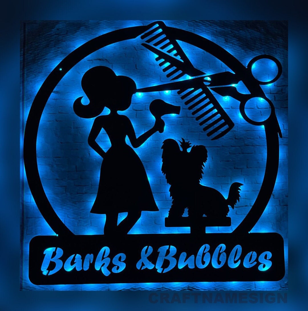 Personalized Dog Grooming Hair Salon Metal Wall Art LED Light, Custom ...