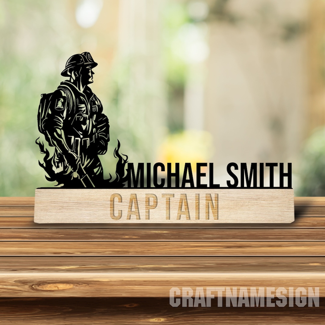 Custom Wooden Firefighter Desk Name Plate, Fireman Metal Nameplate for ...