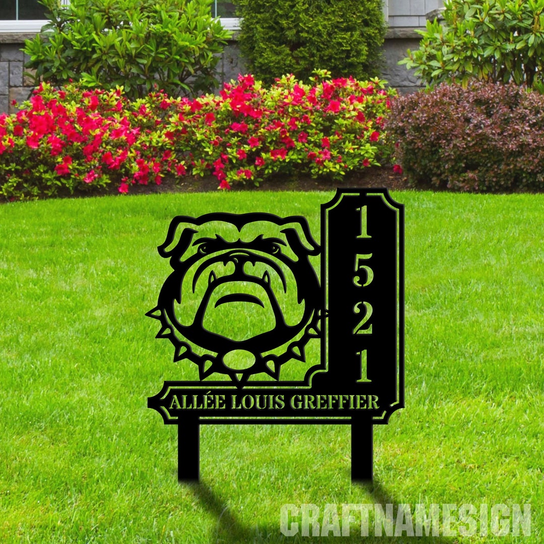 Custom Bulldog Metal Address Sign With Stakes, Home Address Sign, Metal ...