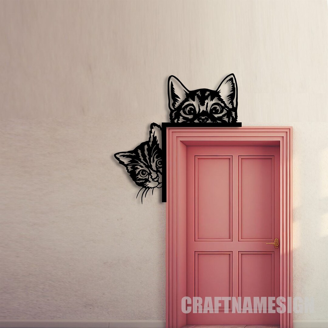Cute Cat Door Corner Metal Wall Art, Cute Cat Peeking Door Topper, Cat ...