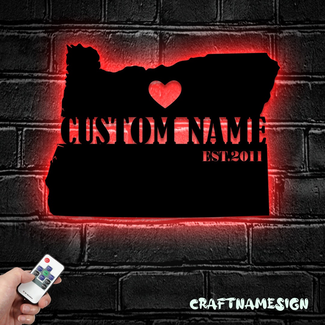 Custom Oregon Map Metal Wall Art LED Light Personalized Oregon State ...