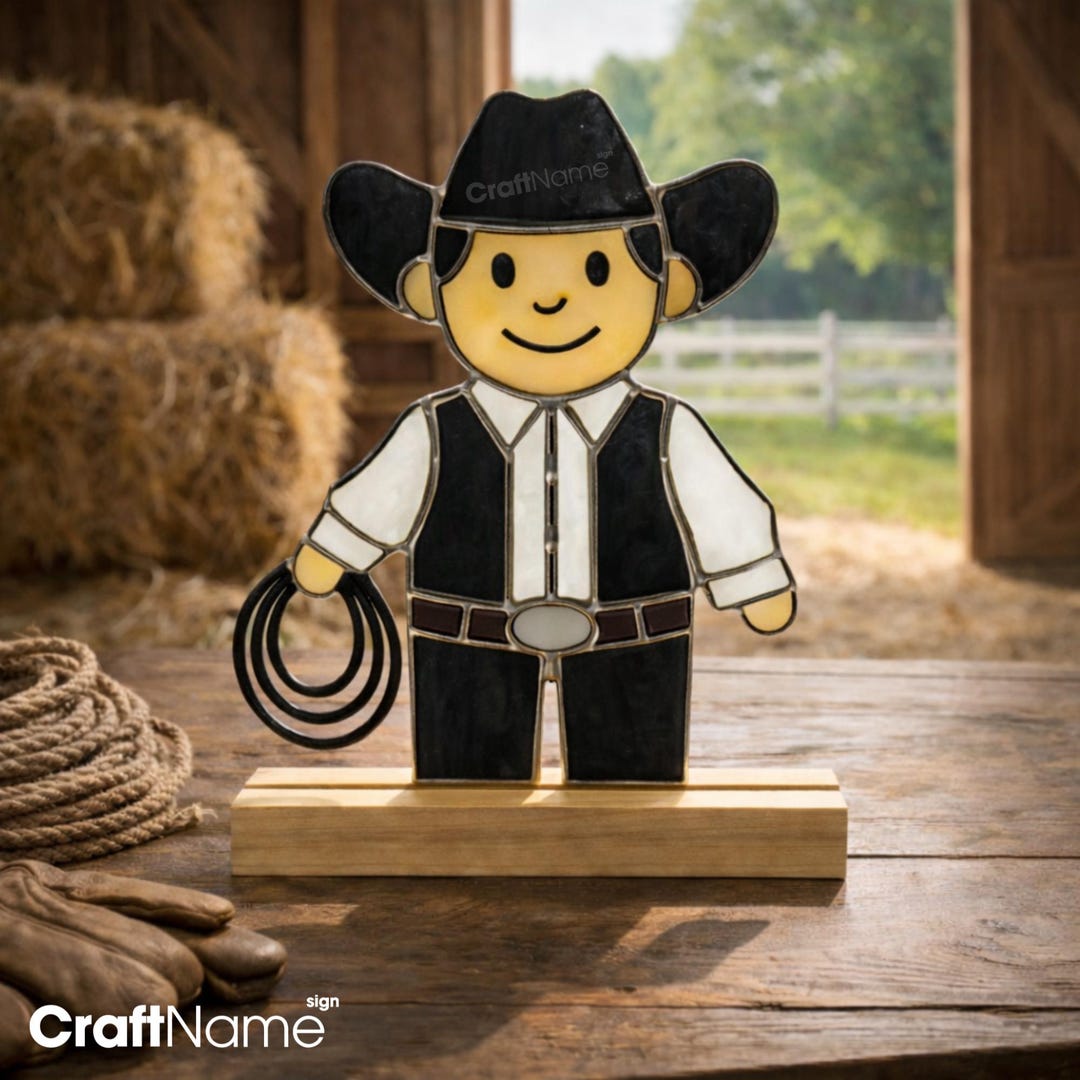 Cowboy Stained Glass, Handmade Western Glass Art With Wooden Base for ...