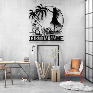 Custom Hula Dancer Hawaiian Flower Scene Metal Wall Art LED Lights ...