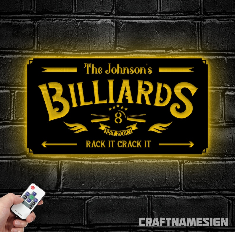 Custom Billiards Metal Wall Art With LED Light - Personalized Snooker ...