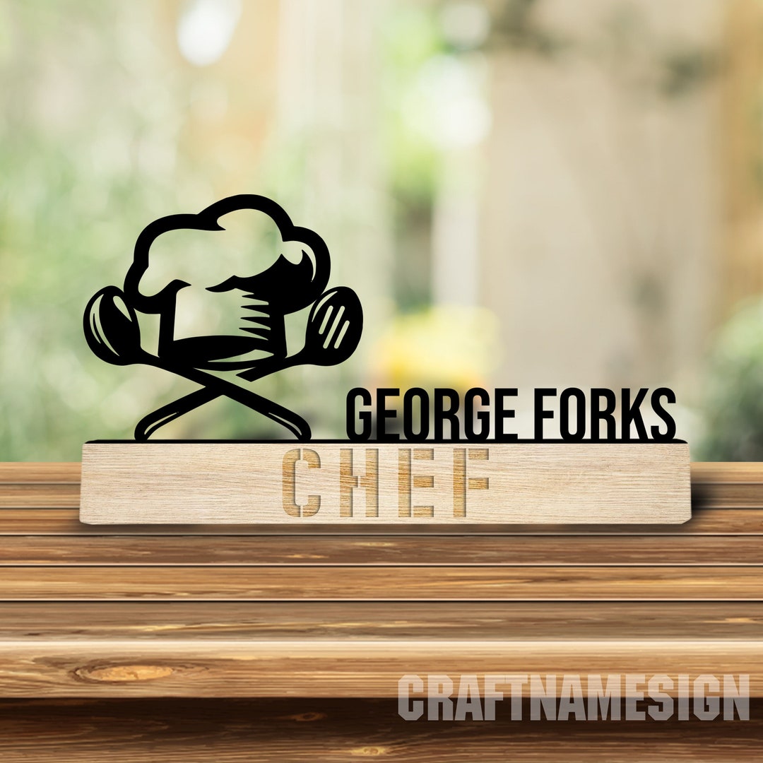 Custom Wooden Chef Desk Name Plate, Chef Silhouette Metal Nameplate for ...