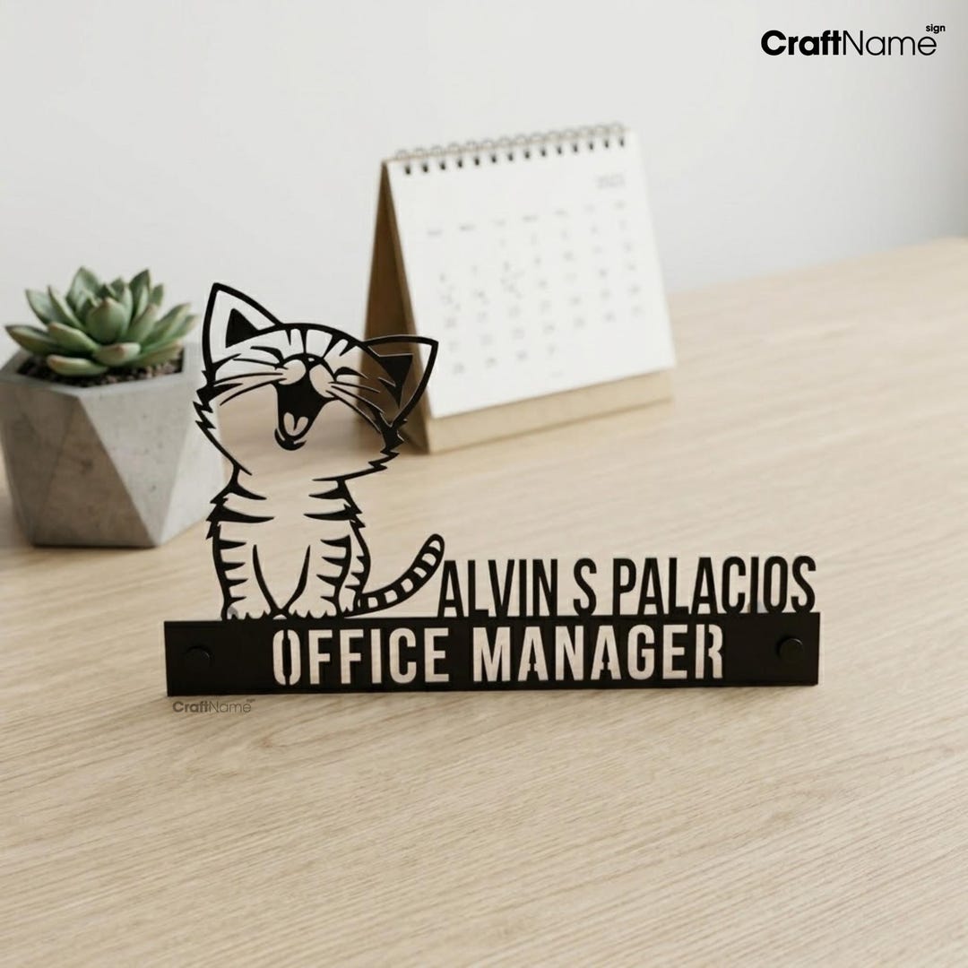 Personalized Cat Desk Name Plate, Laser Cut Wood, Table Office Decor ...
