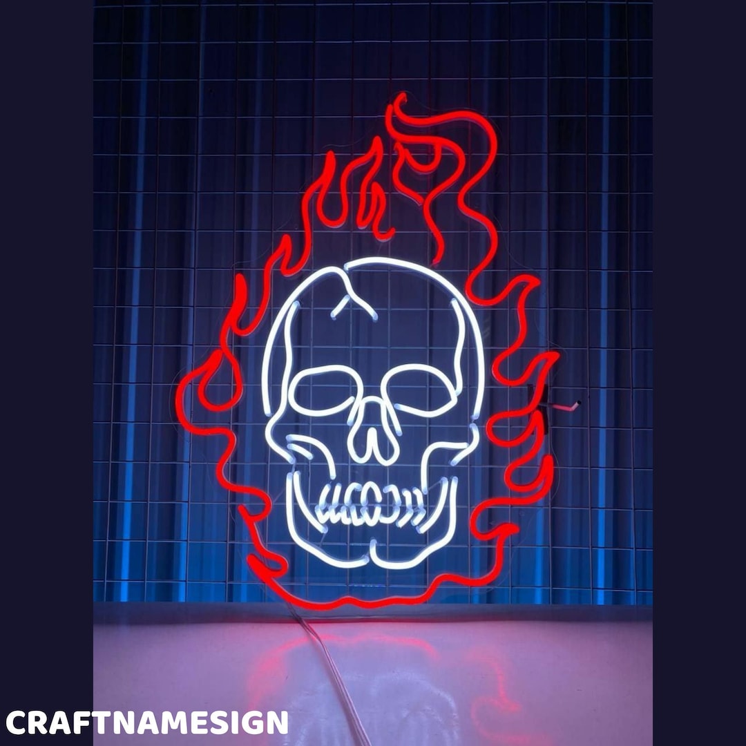 Skull in Fire Neon Sign, Sugar Skull Fire Led Sign, Custom Neon Sign ...