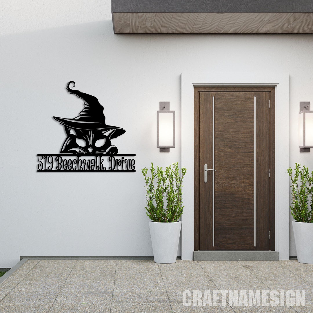 Custom Scary Black Cat Outdoor Address Metal Sign, Black Cat Halloween ...