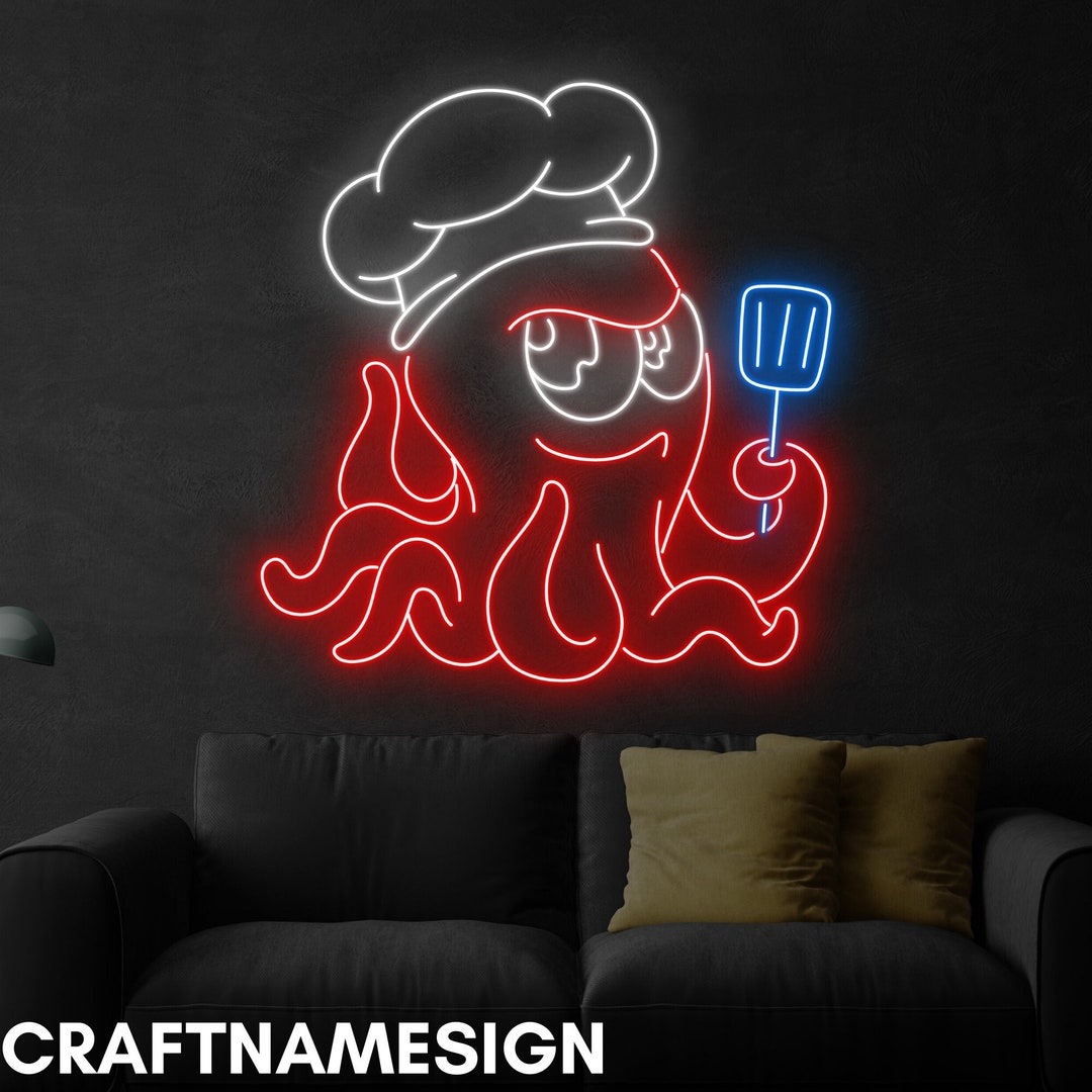 Octopus Chef Neon Sign, Octopus Takoyaki Dumpling Led Sign, Custom Neon ...